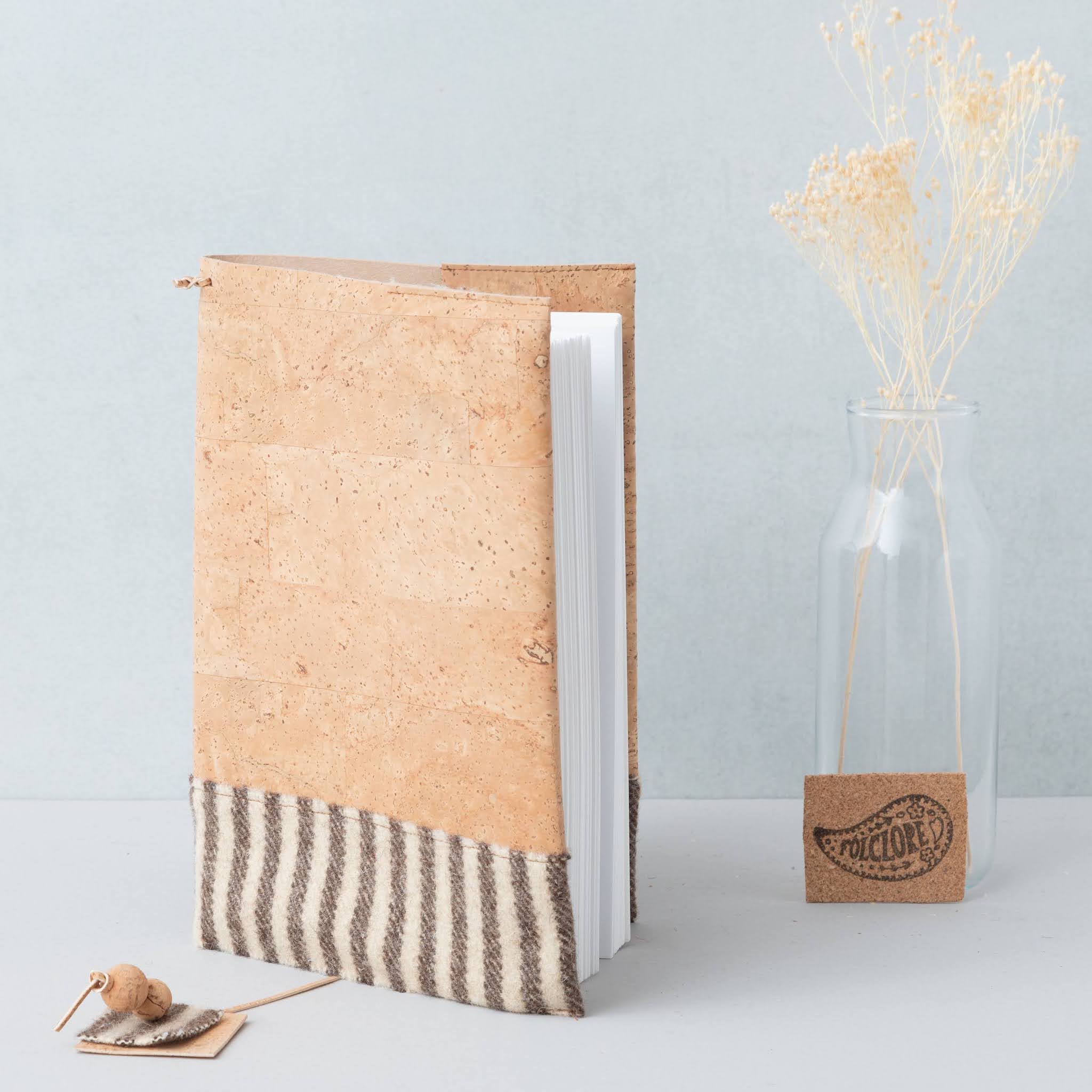 Book cover in cork and striped burel